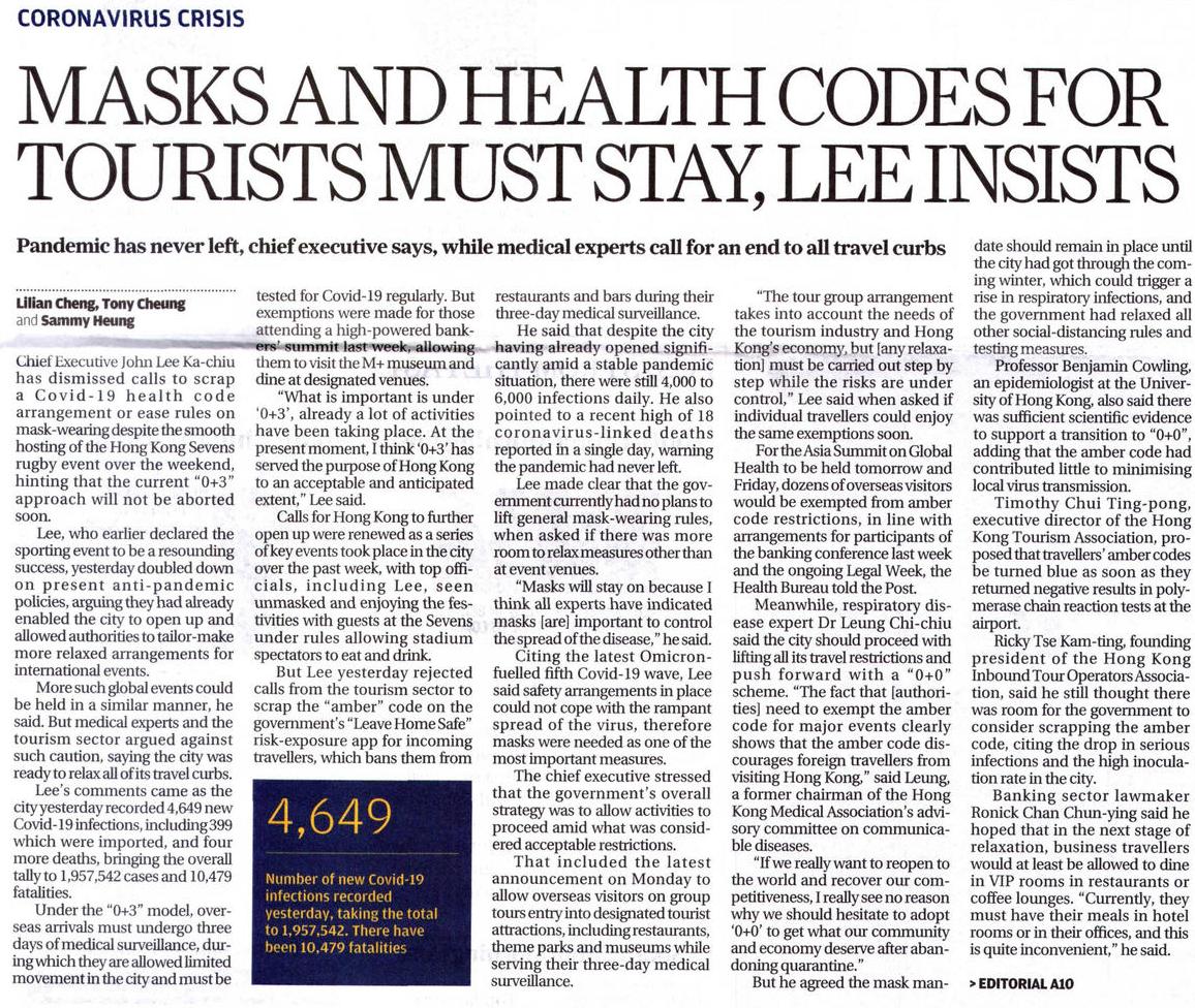 Masks and health codes for tourists must stay, Lee insists – Hon ...